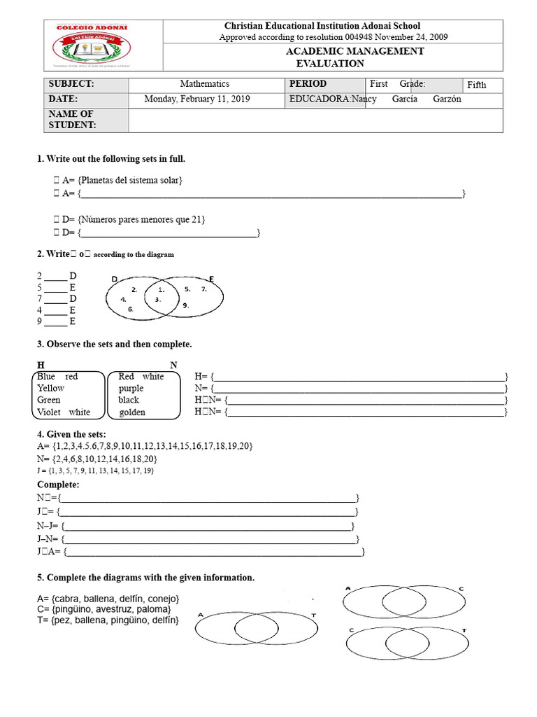 Mathematics Evaluation Fifth Operations With Sets | PDF