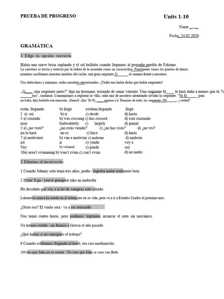 Prueba de Progreso de Gramática y Vocabulario | PDF | Lingüística