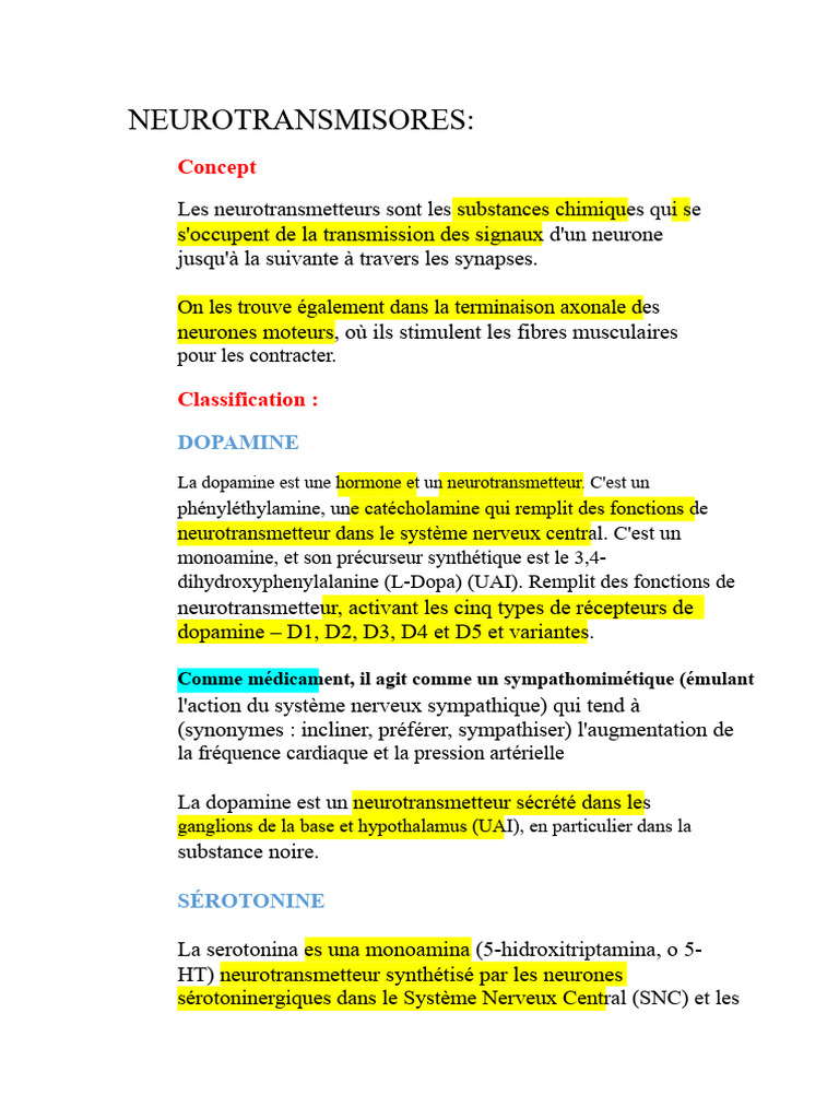 Neurotransmetteurs et leurs fonctions clés | PDF | Noradrénaline | Dopamine