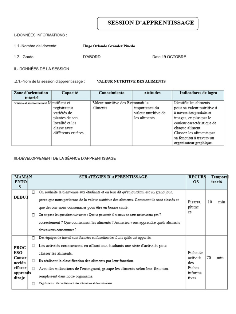 Valeur Nutritive des Aliments en Classe | PDF | Fruit | Information ...