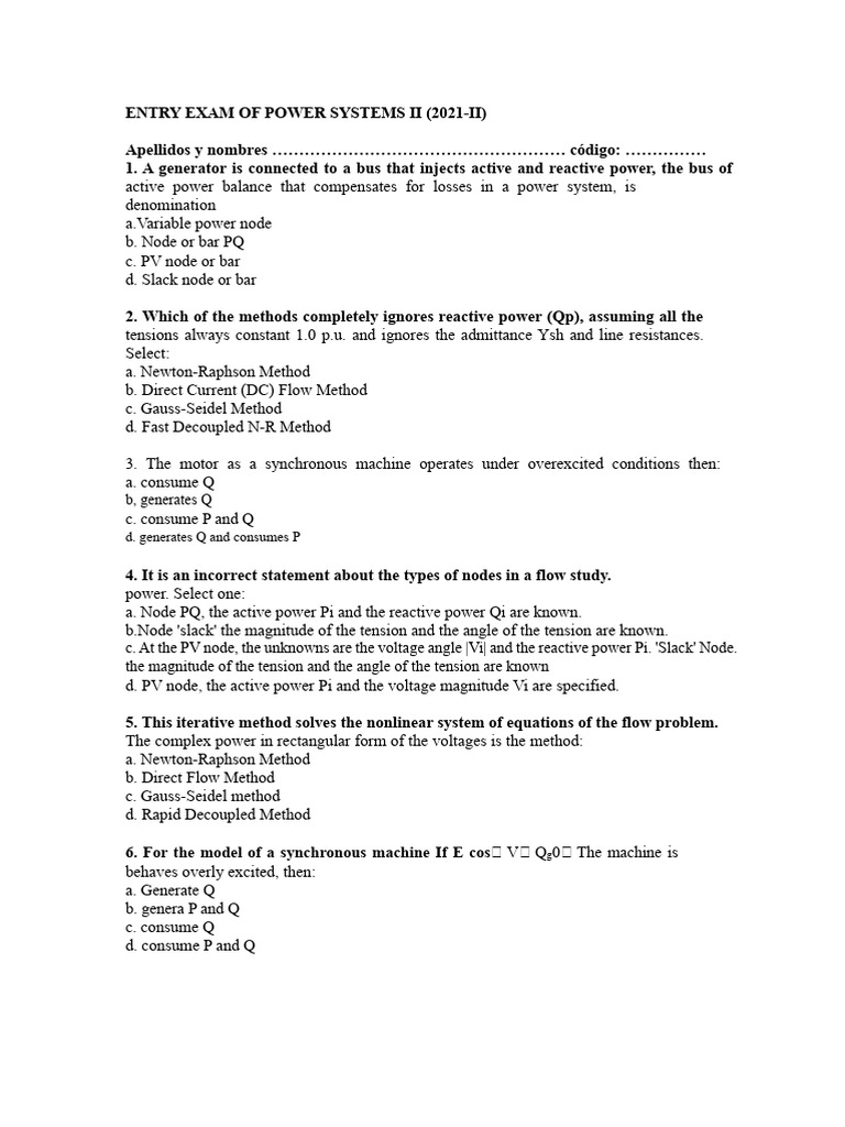 Power Systems Ii Entry Exam 2021-2 | PDF | Physical Quantities | Power ...