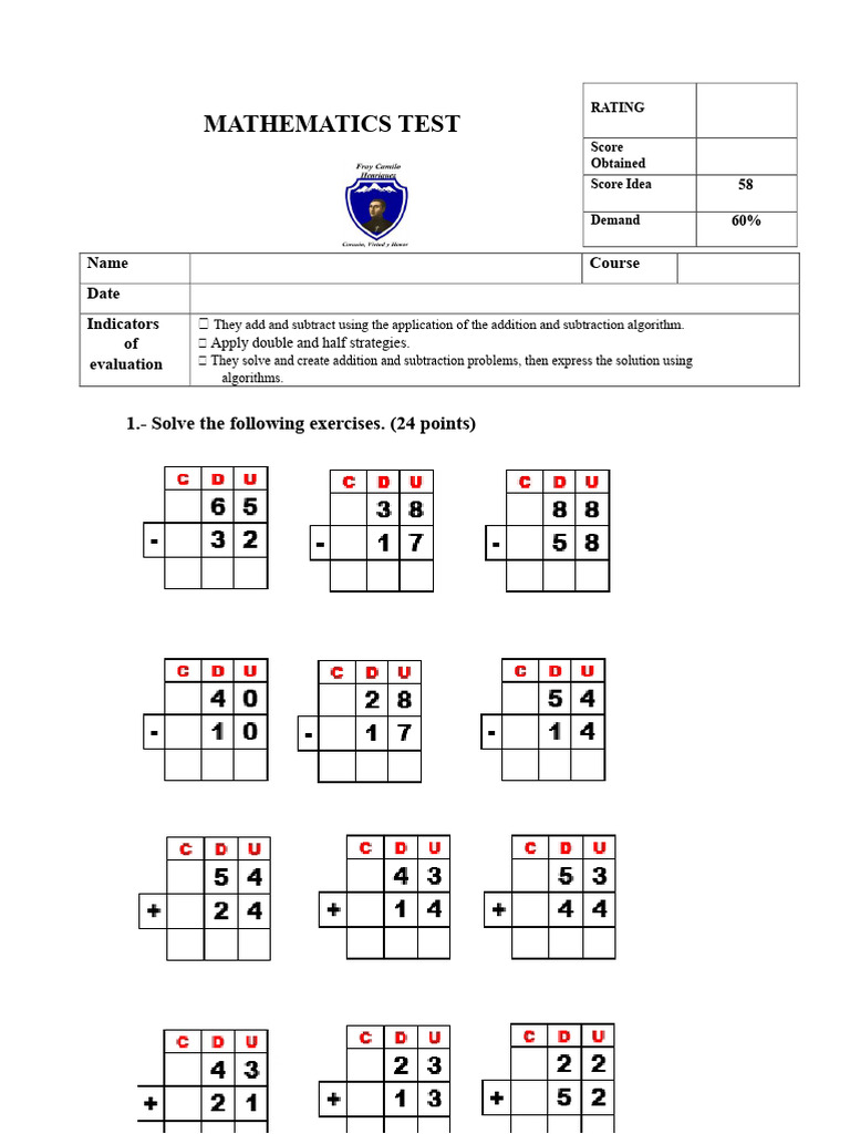 Math Test Addition and Subtraction | PDF