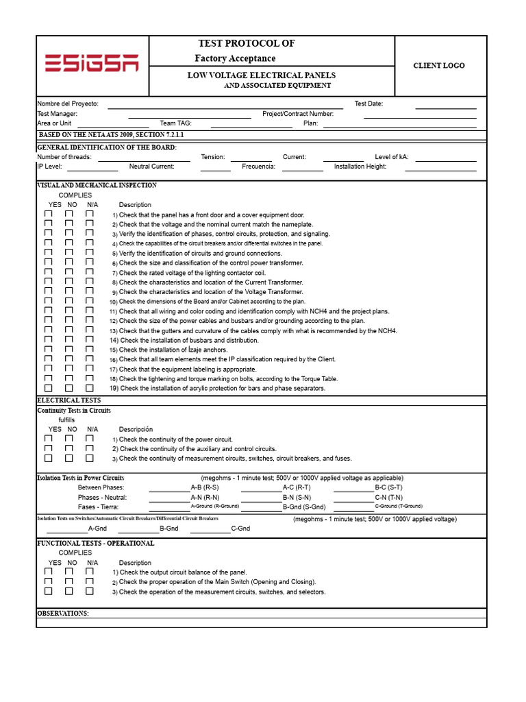 FAT Protocol - NETA 2009 | PDF | Power (Physics) | Electricity