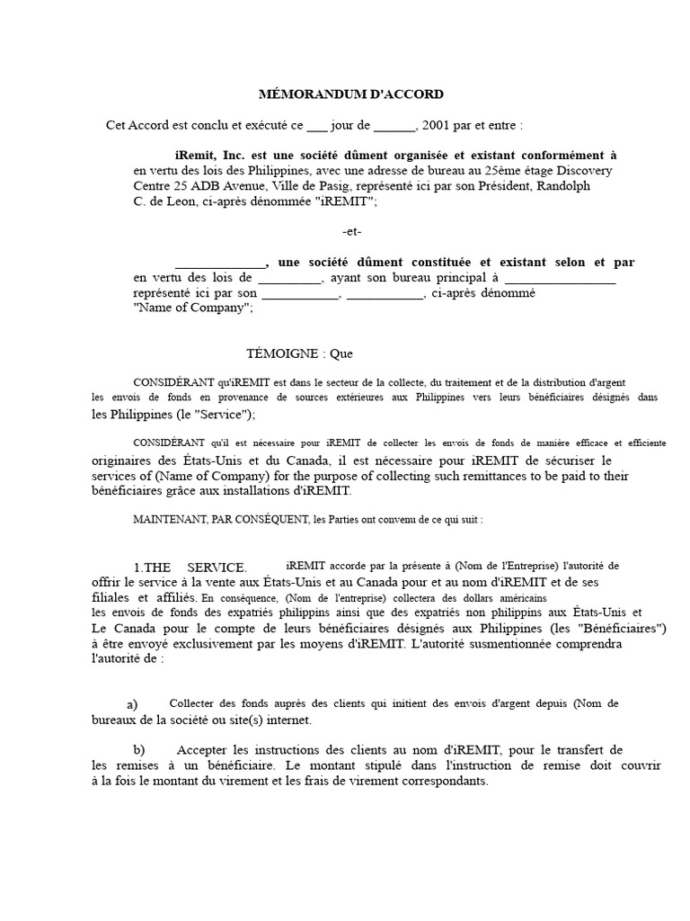 Accord de partenariat pour remises iRemit | PDF | Business | Virement ...