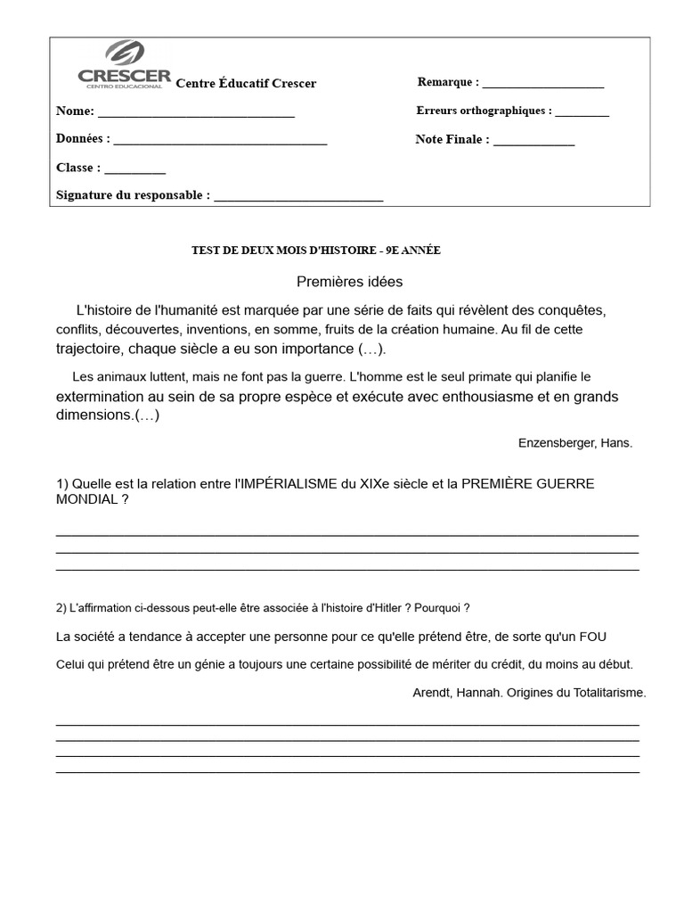 Test d'Histoire 9e Année - Centre Crescer | PDF | Révolutions ...