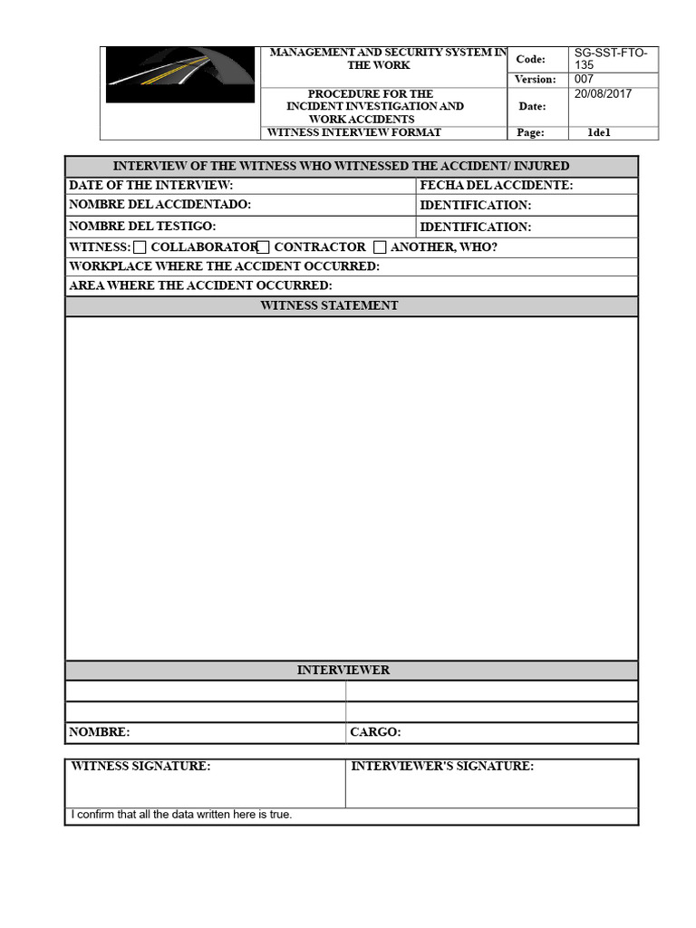 SG-SST-FTO-0135 - Witness Interview Format | PDF