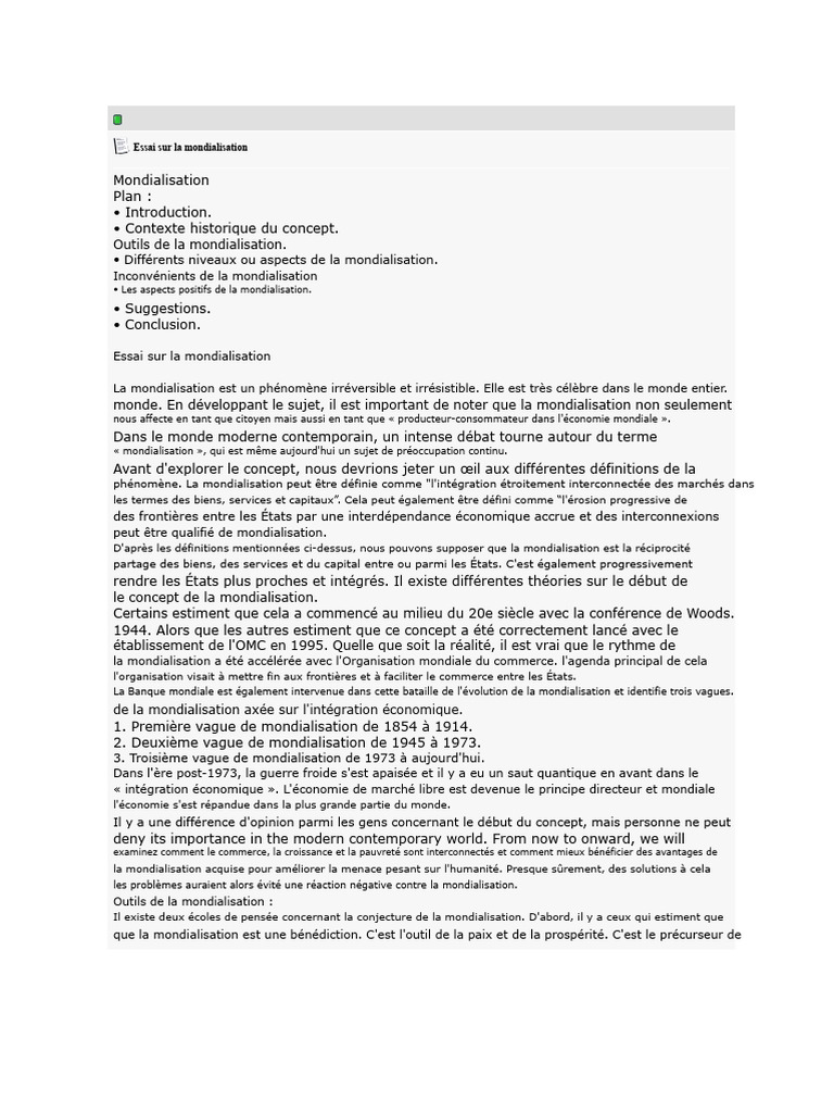 Essai sur la Mondialisation et ses Impacts | PDF | Mondialisation ...