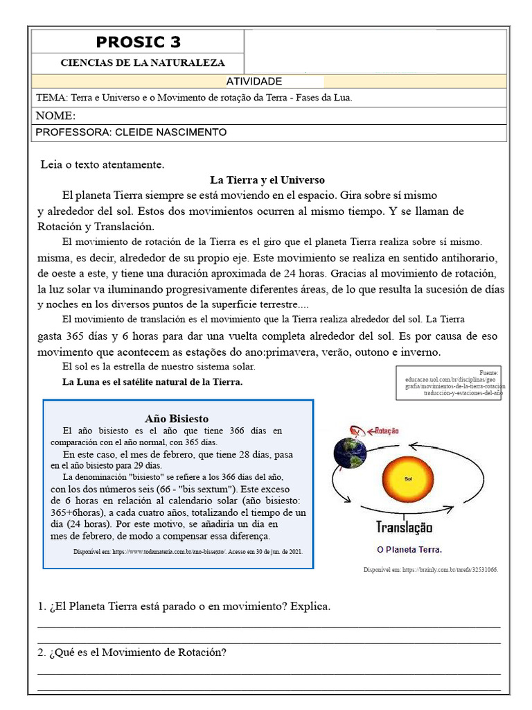 Actividad 13 5 El Año Ciencia de La Naturaleza Tema Tierra y Universo y ...