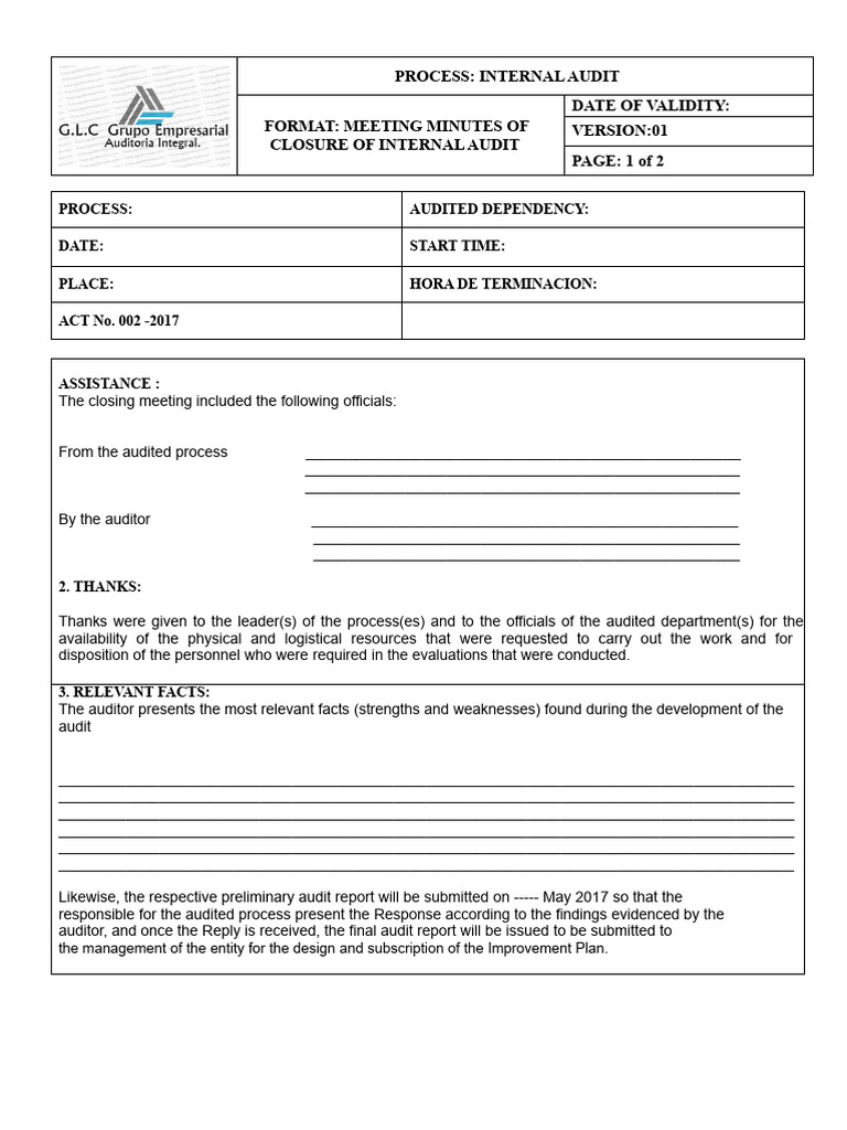 Model Closing Report of Audit | PDF | Audit | Internal Audit