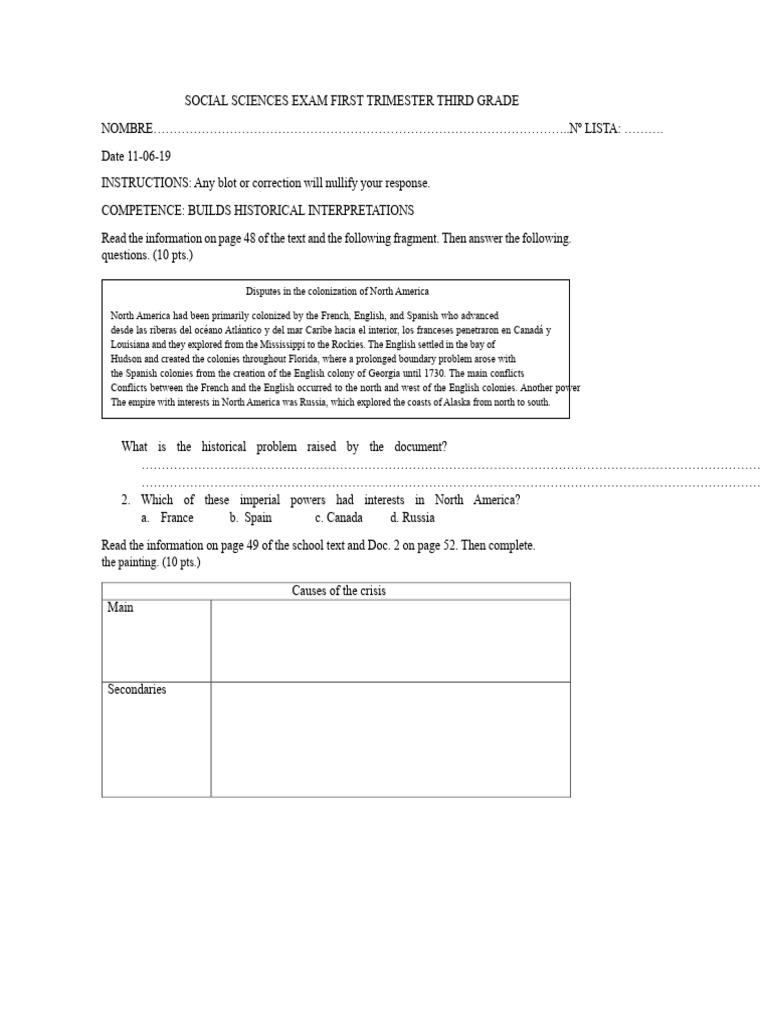 Social Sciences Exam For Third Grade - The Thirteen Colonies | PDF