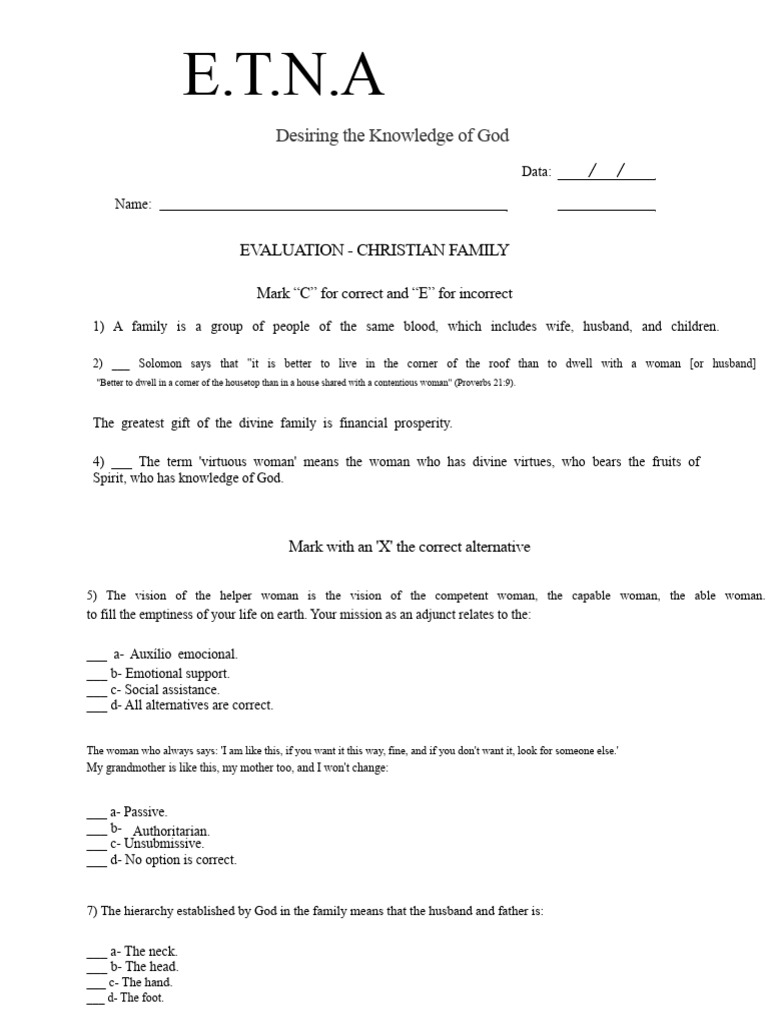 Christian Family Evaluation Quiz | PDF | Virtue | Spirituality