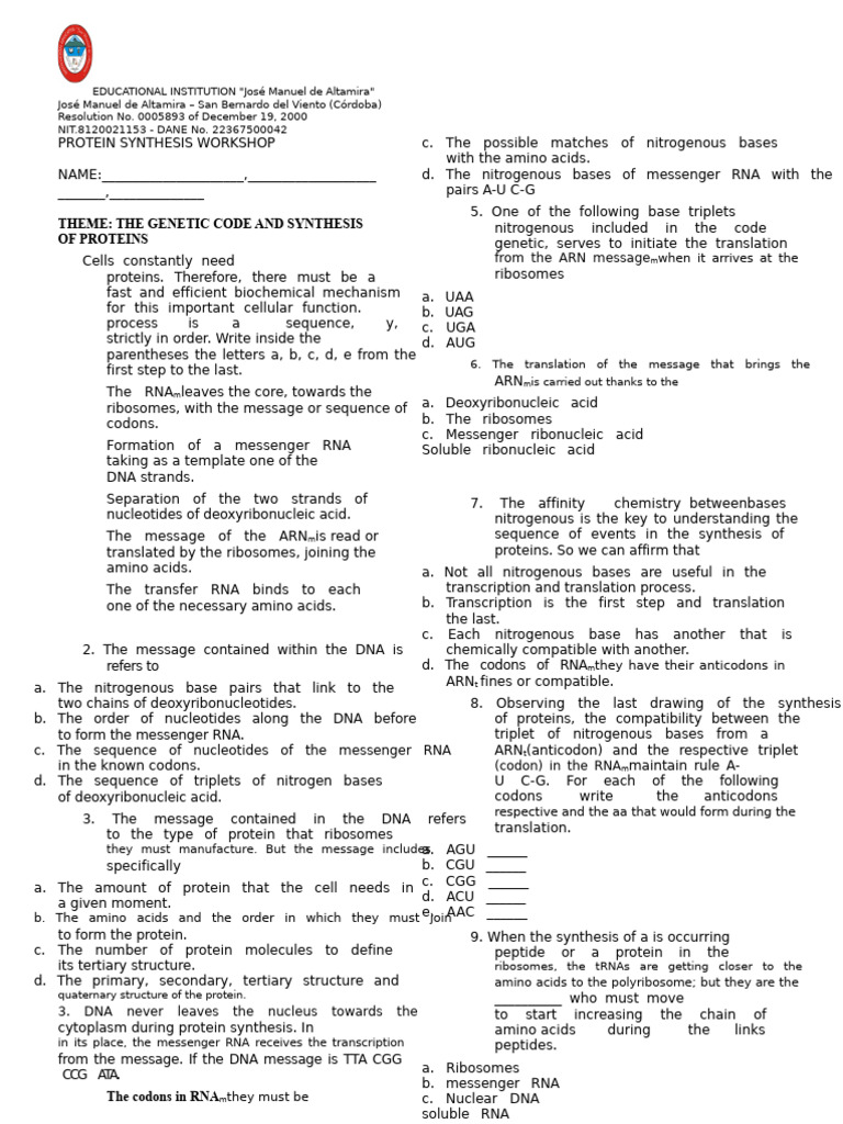 Workshop Protein Synthesis III | PDF | Translation (Biology) | Genetic Code