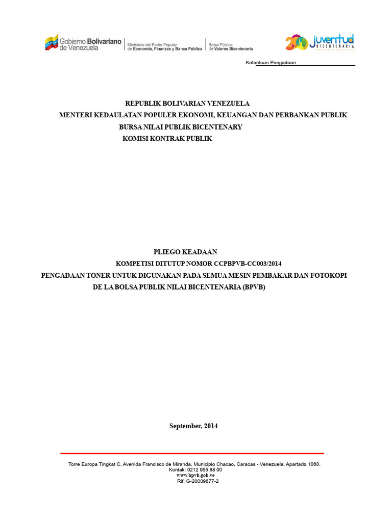 Dokumen Syarat Lelang Tertutup No. CCPBPVBCC0032014 Model Lelang | PDF
