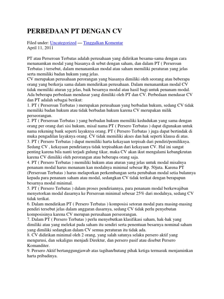 Perbedaan PT dan CV di Indonesia | PDF