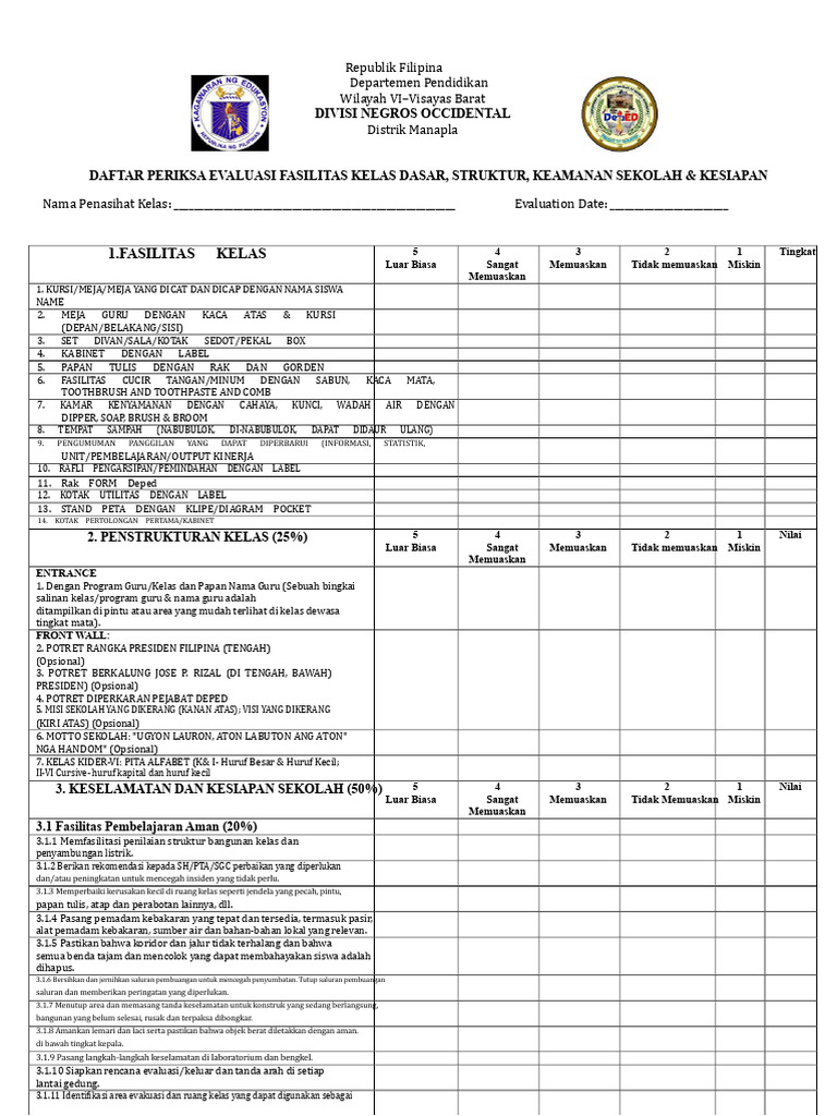 Daftar Periksa Evaluasi Kesiapan Keamanan Sekolah Untuk Fasilitas Kelas ...