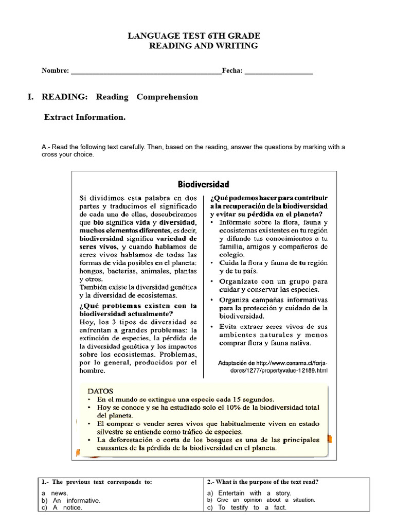 6th Grade Basic Test | PDF | Biodiversity | Ecology