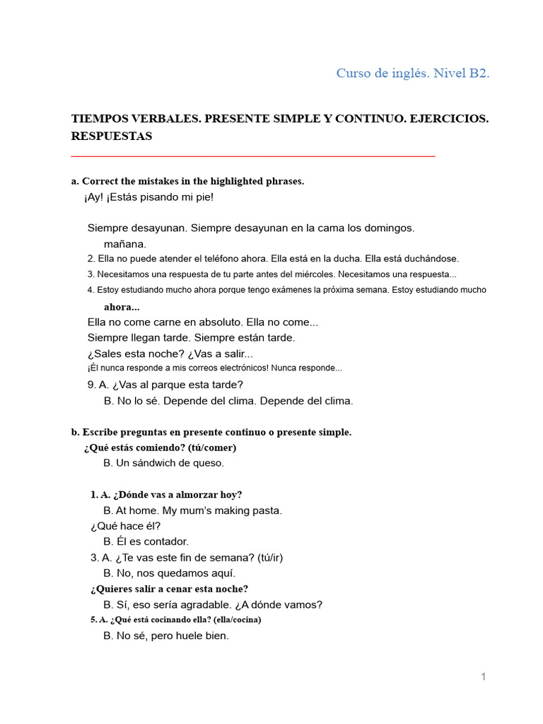 Presente Simple y Presente Continuo. Ejercicios. Respuestas. | PDF