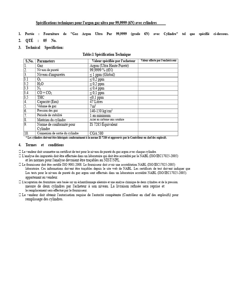 Certificat de Pureté de L'argon | PDF