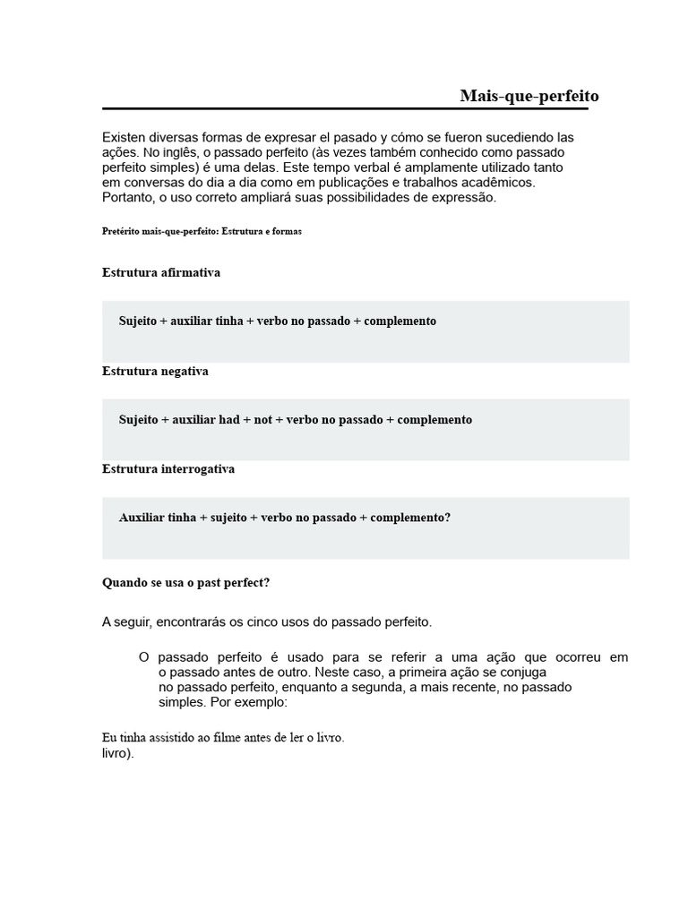 Entenda o Passado Perfeito em Inglês | PDF | Gramática | Sintaxe