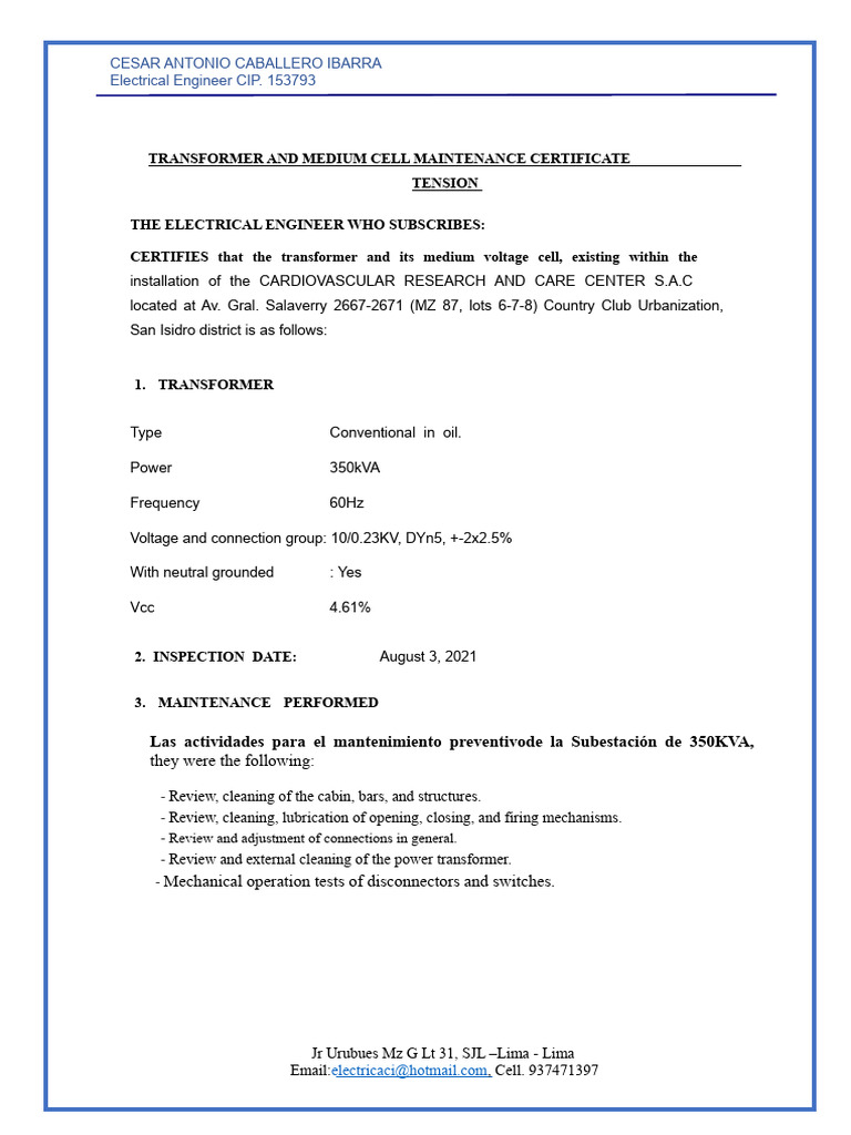 Transformer Maintenance Certificate 350kVA | PDF