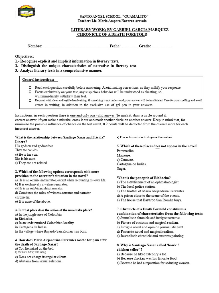 Evaluation of Reading Chronicle of A Death Foretold | PDF | Gabriel ...