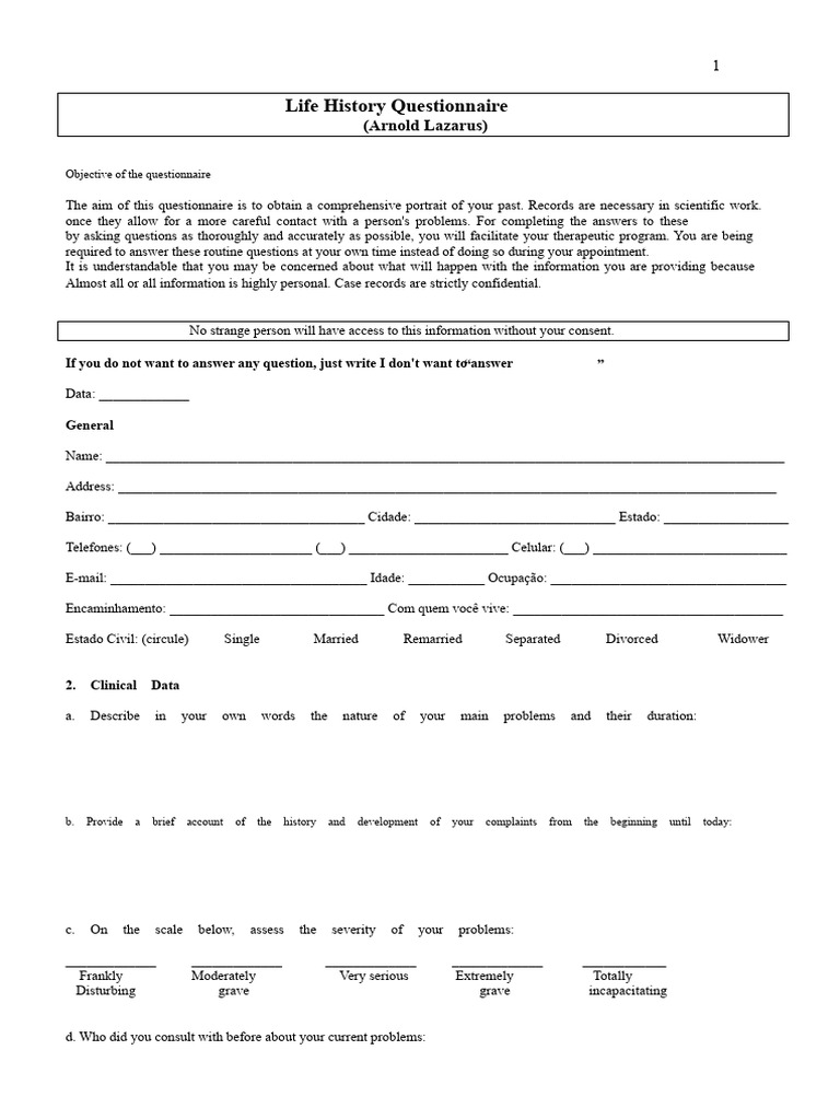 Comprehensive Life History Questionnaire | PDF | Human Diseases And ...