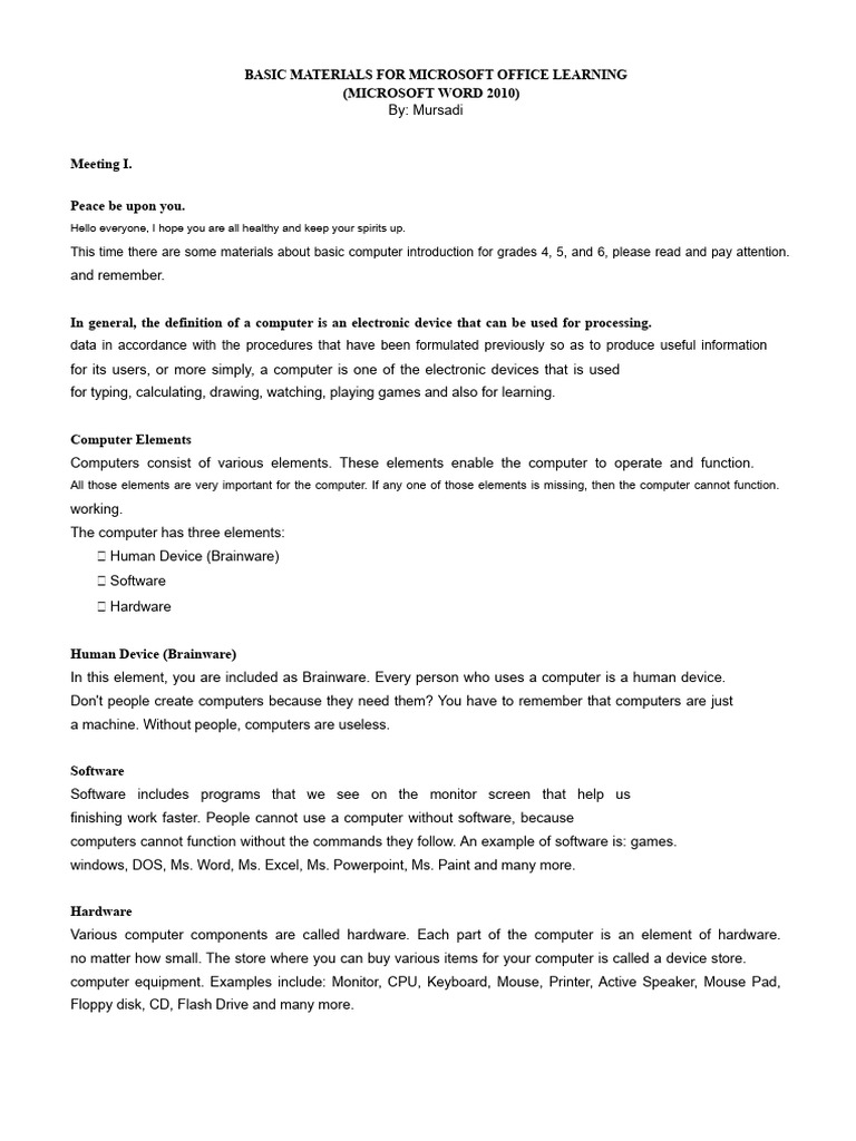 Basic Learning Materials For Microsoft Office | PDF | Microsoft Word ...