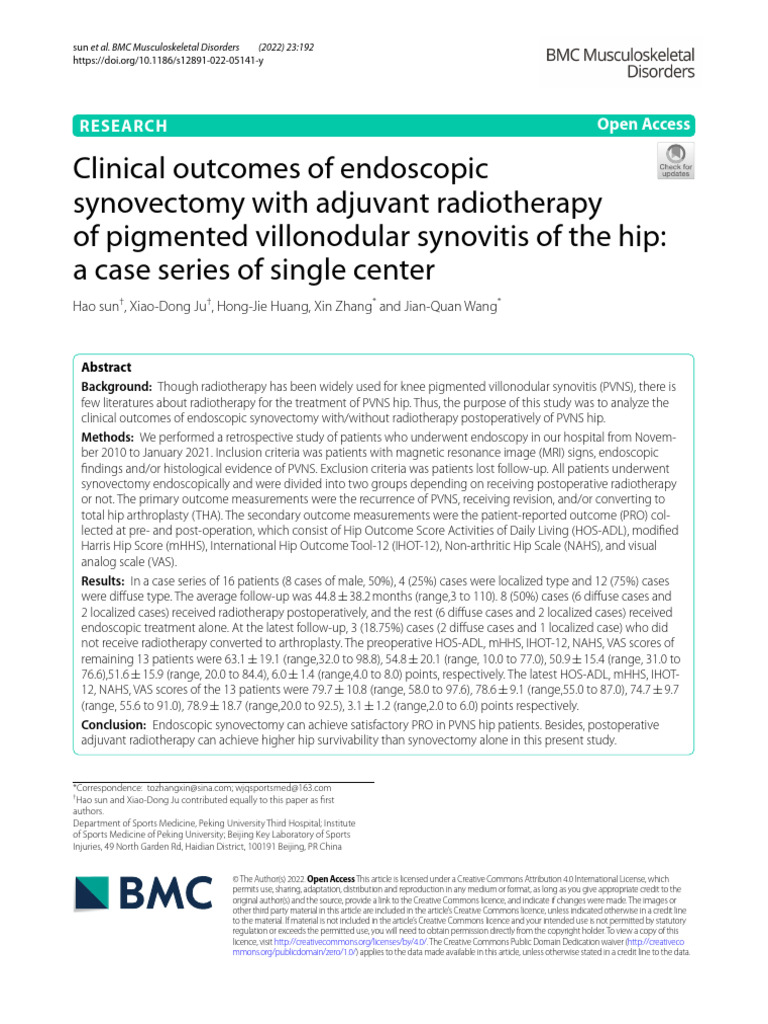 2022 - Sun - Clinical Outcomes of Endoscopic Synovectomy With Adjuvant ...
