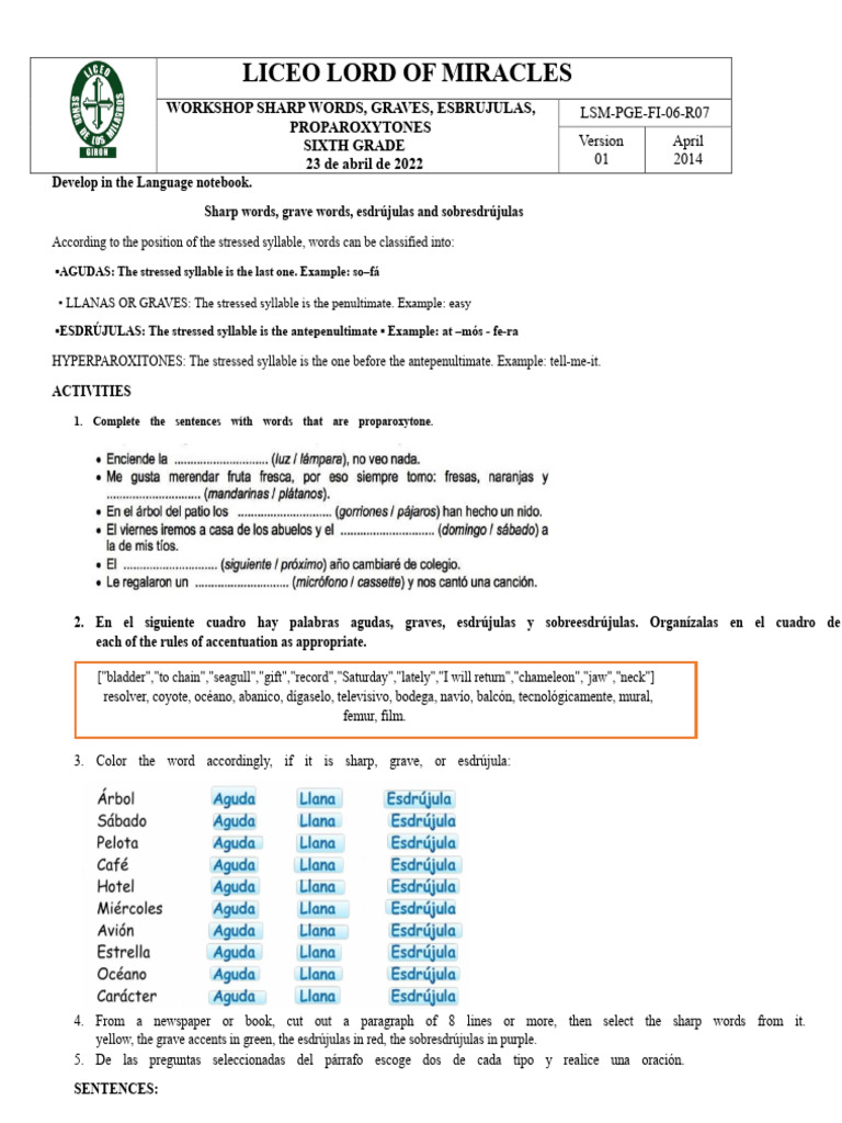 Workshop On Agudas, Graves, and Esdrújulas Words | PDF