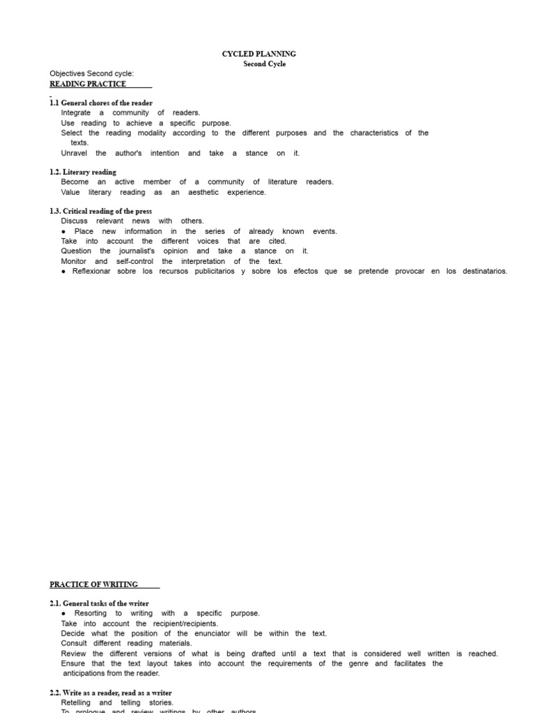 Second Cycle Reading and Writing Objectives | PDF | Verb | Narrative