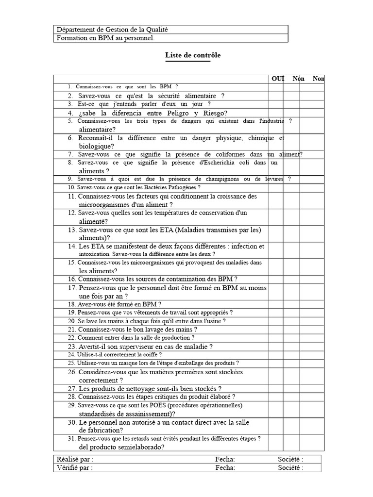 Formation BPM : Liste de contrôle qualité | PDF | Hygiène des aliments ...