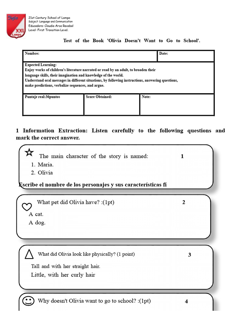 Olivia Doesn't Want To Go To School Test | PDF | Communication | Human ...