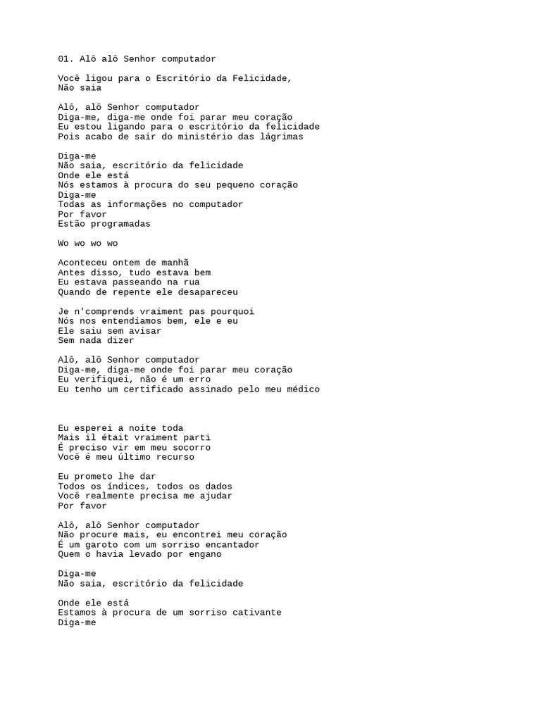 Dorothe 1985 - Alô Alô Senhor Computador - Letras | PDF | Amor | Céu