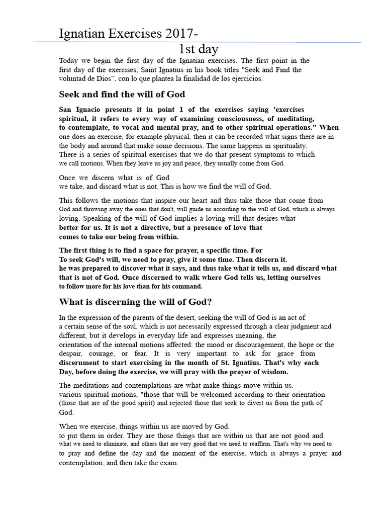 First Day Ignatian Exercises | PDF | Prayer | Spirituality
