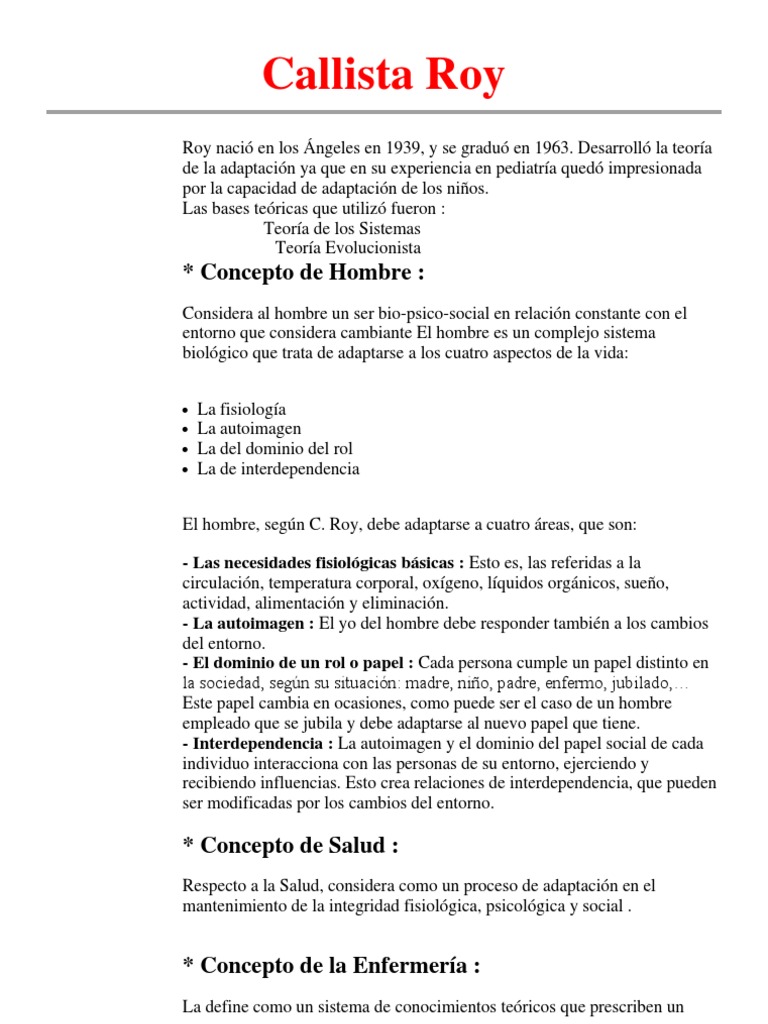 Callista Roy ModelosConceptuales | PDF | Enfermería | Comportamiento