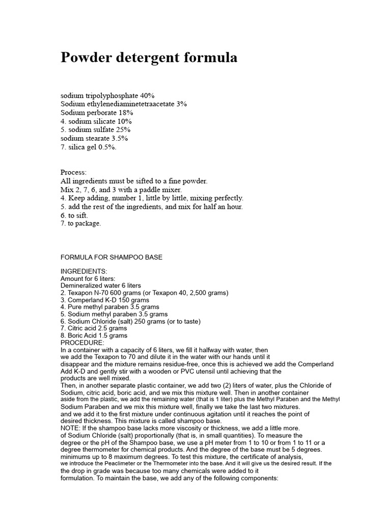 Powder Detergent and Shampoo Formulas | PDF | Shampoo | Ph