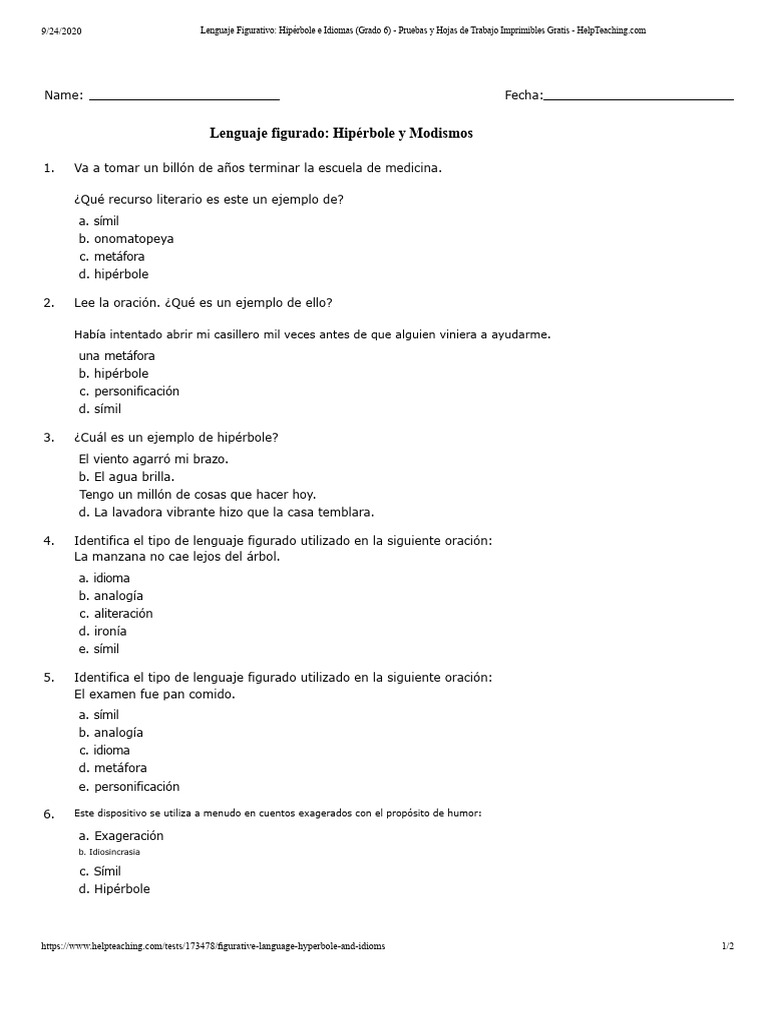 Lenguaje Figurativo - Hipérbole e Idiomas (Grado 6) - Pruebas y Hojas ...