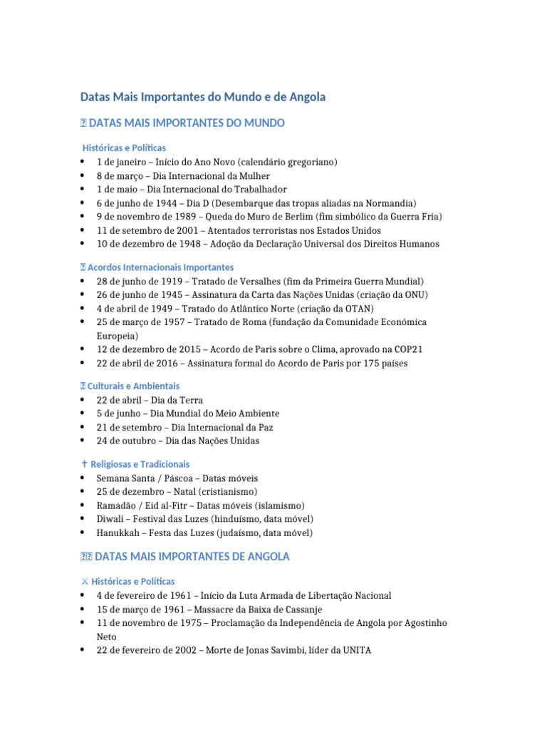 Datas Importantes: Mundo e Angola | PDF | Unita | Angola