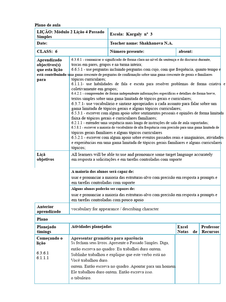 Aula sobre Passado Simples para 6º Ano | PDF | Lição | Aprendizado