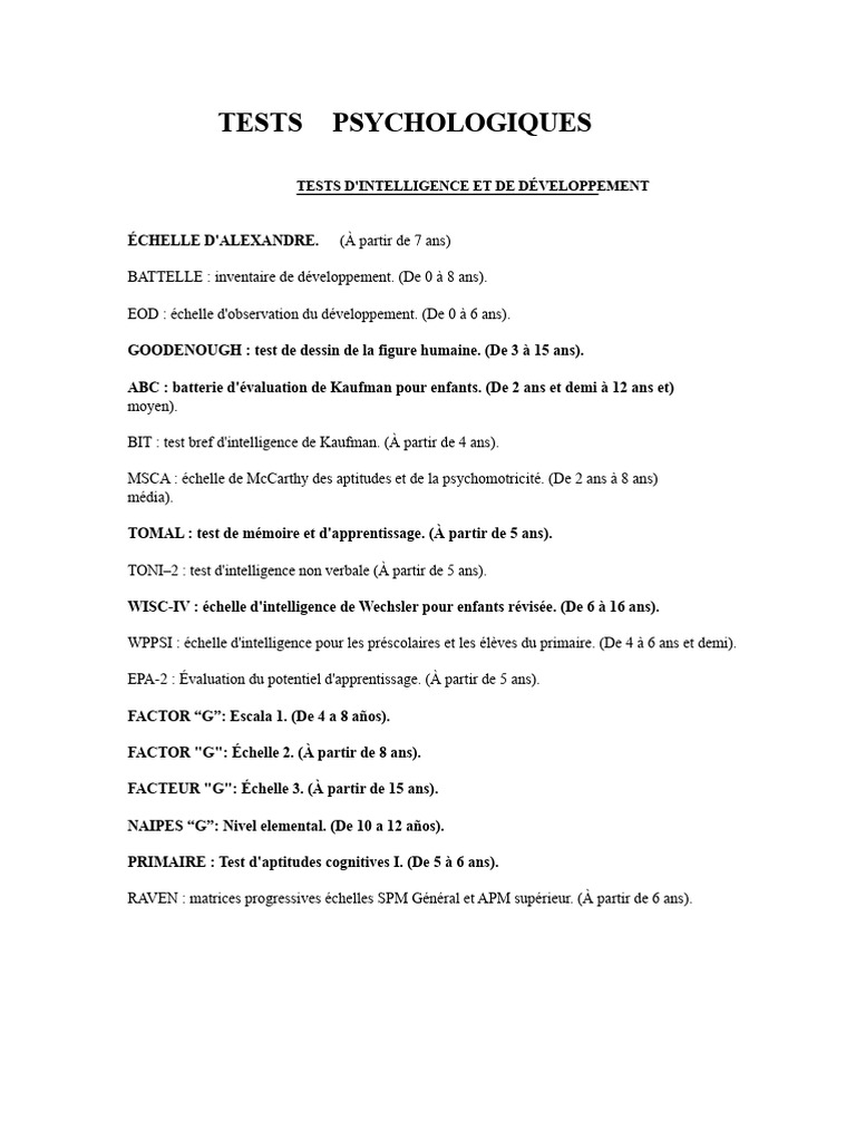 Tests Psychologiques pour Enfants et Adolescents | PDF | Aphasie ...