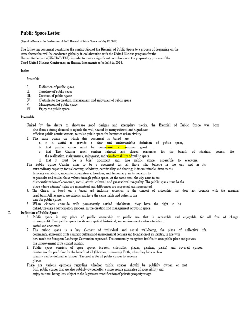 Public Space Charter for Urban Civility | PDF | Citizenship | Space