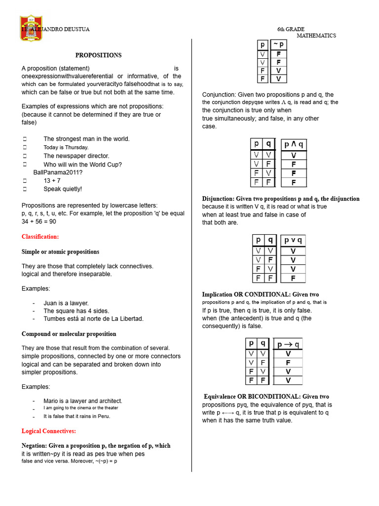 6th Grade Math: Propositions Explained | PDF | Semantics | Boolean Algebra