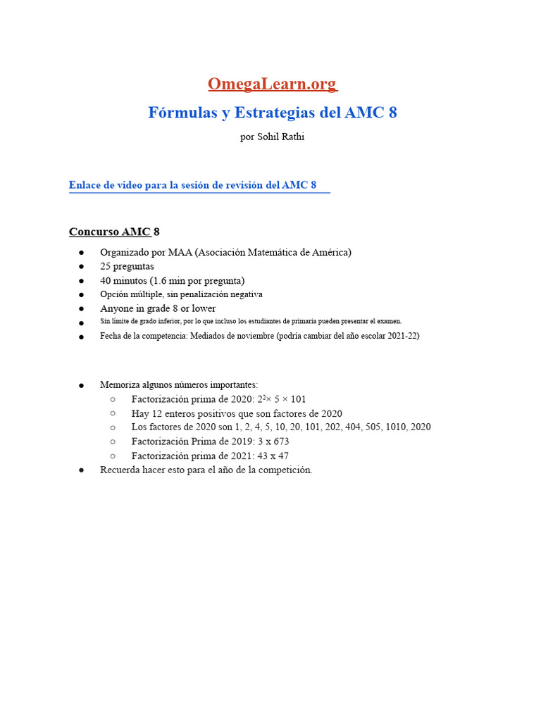 Hoja de Fórmulas y Estrategias Del AMC 8 | PDF | Secuencia | Combinatoria