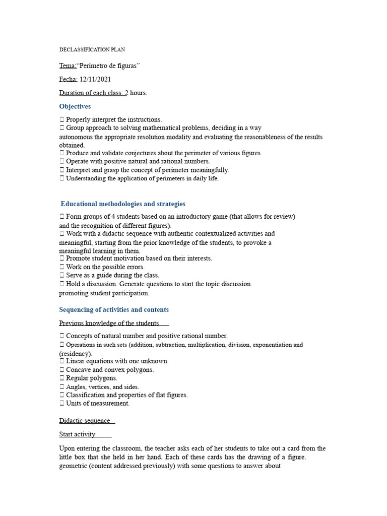 LESSON PLAN Perimeter | PDF | Area | Methodology
