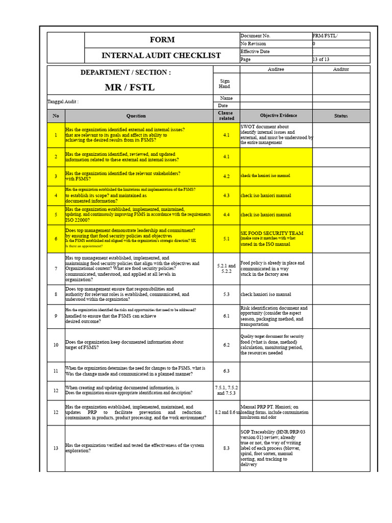 Internal Audit Checklist for FSMS Compliance | PDF | Audit | Internal Audit