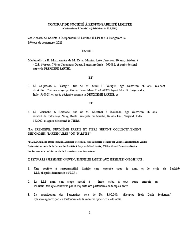 Contrat de Société à Responsabilité Limitée | PDF | Crédit | Finance et ...