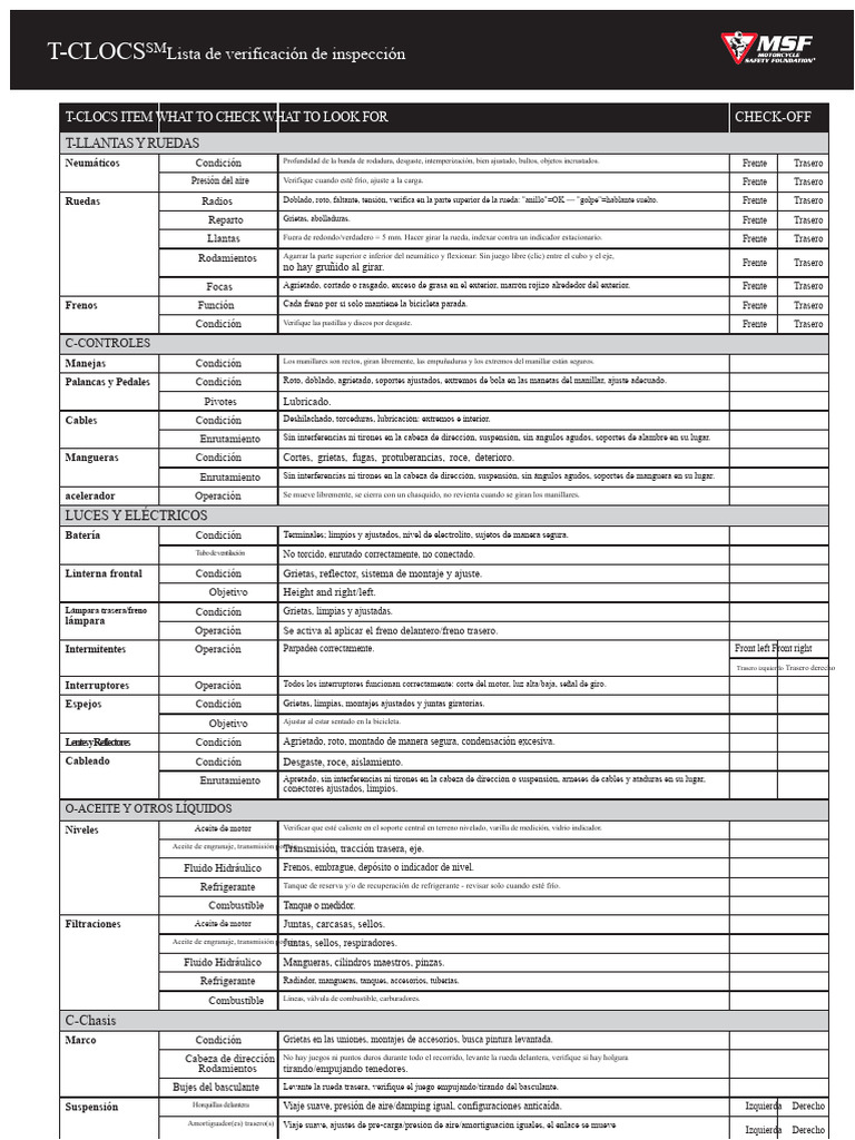 T-CLOCS Lista de Verificación de Inspección PDF | PDF | Eje | Neumático