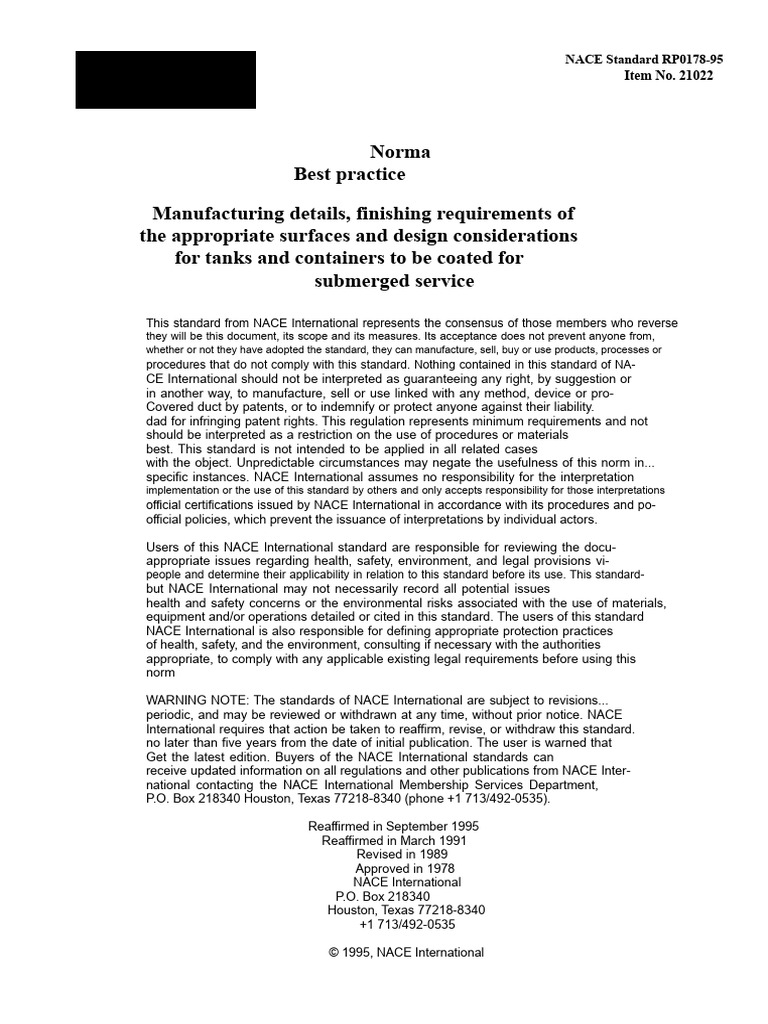NACE RP 0178 - Design and Manufacture of Coated Tanks 95 | PDF ...