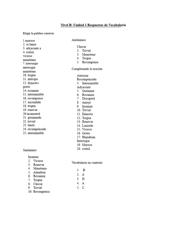 Vocab Nivel B Unidad 1 Respuestas Del Libro de Vocabulario 2kqv14u | PDF