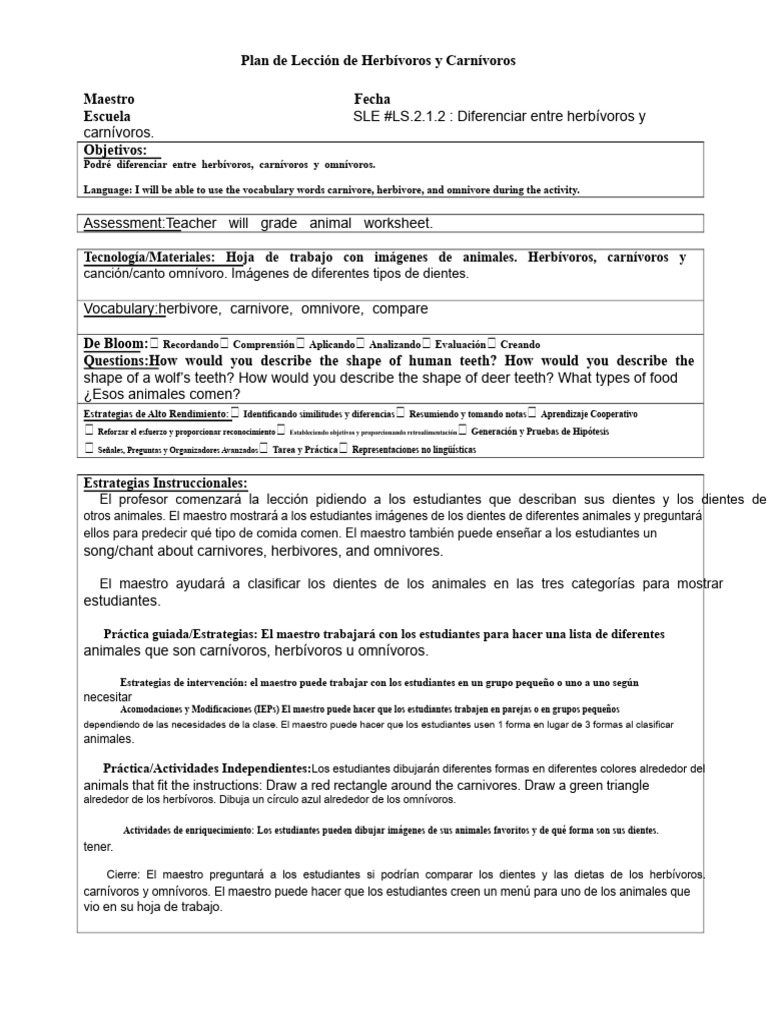 Plan de Lección Sobre Herbívoros y Carnívoros | PDF | Aprendizaje ...